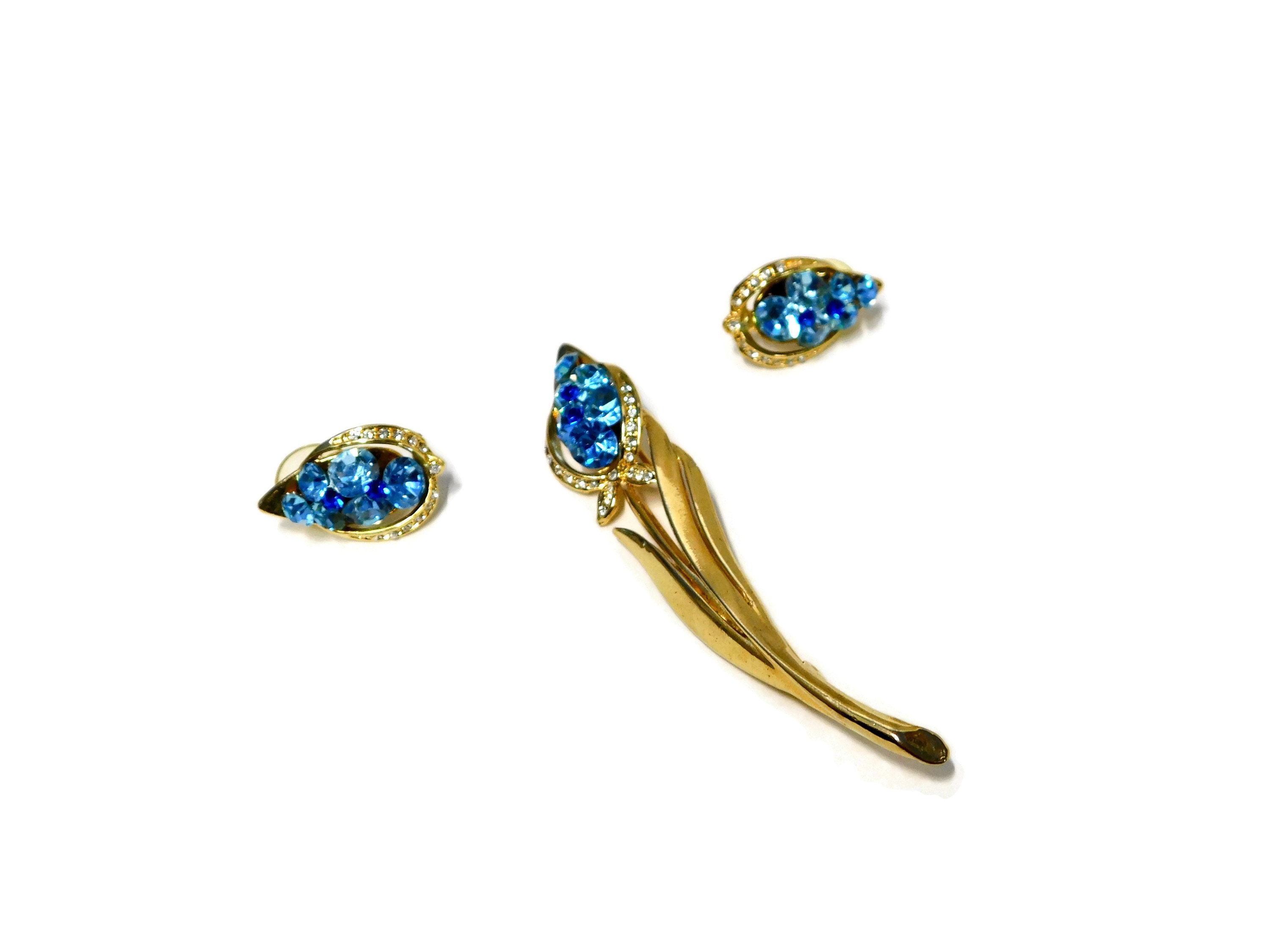 Vintage Gold Tone with shades of Blue and Clear Rhinestones | Etsy