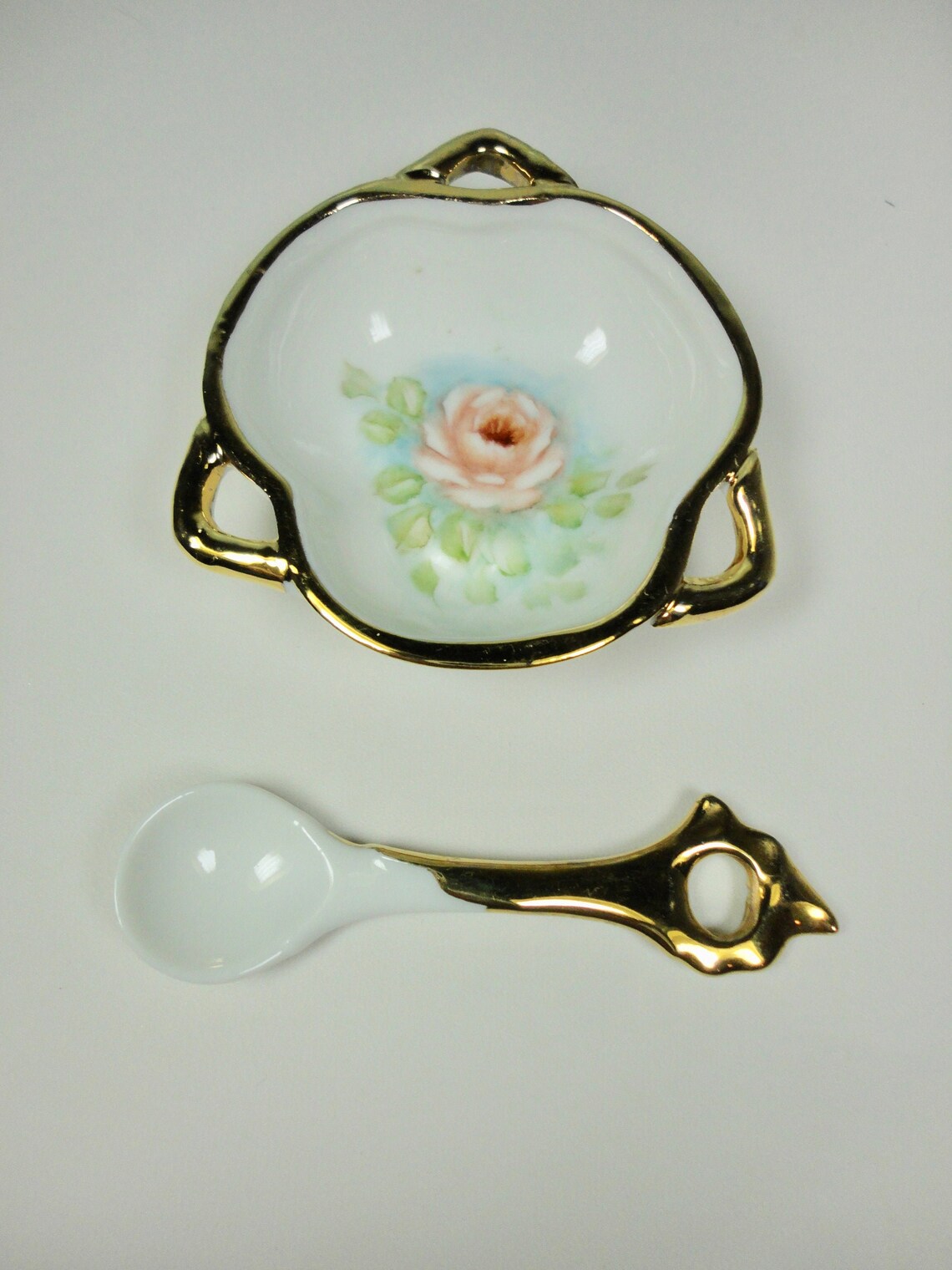 Hand Painted Flower Porcelain Condiment Bowl with Spoon. | Etsy