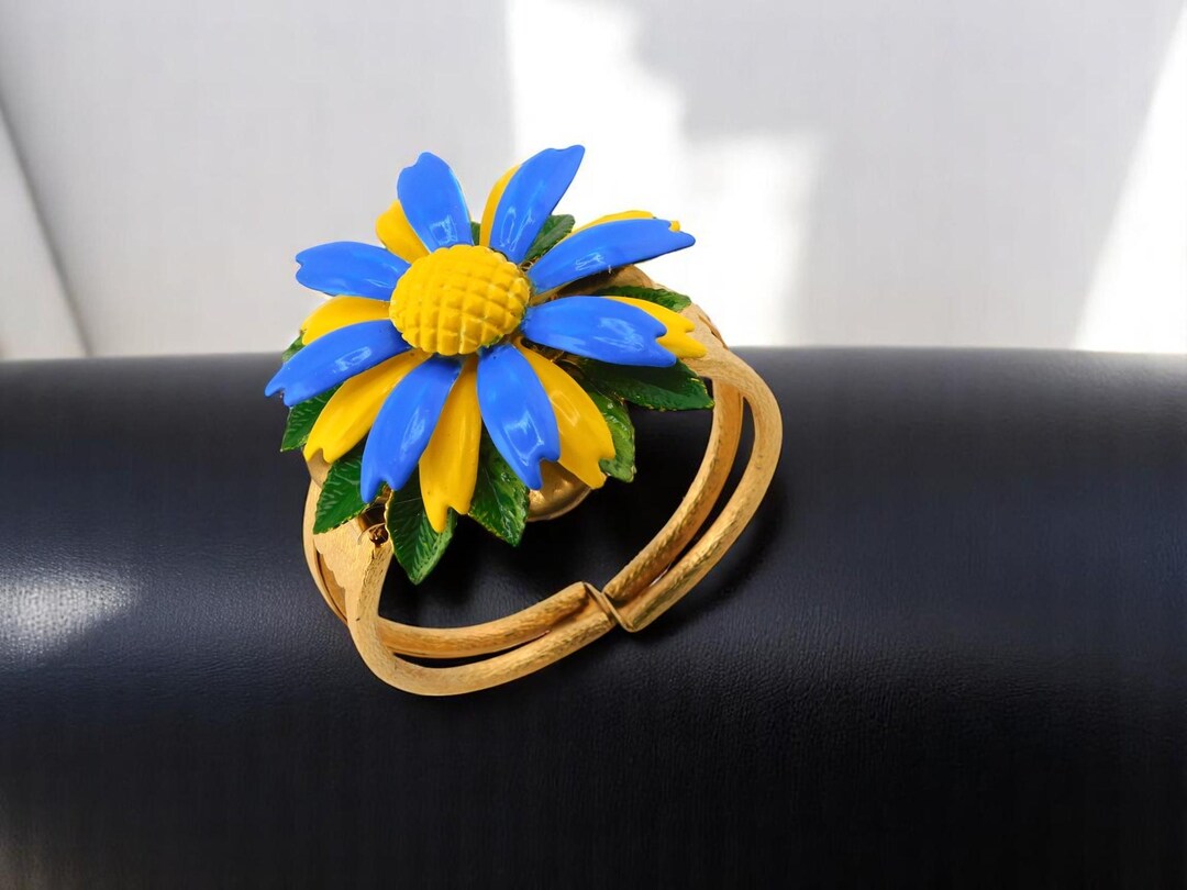 Multi Layered Blue and Yellow Enamel Flower Clamper Bracelet . Unique ...