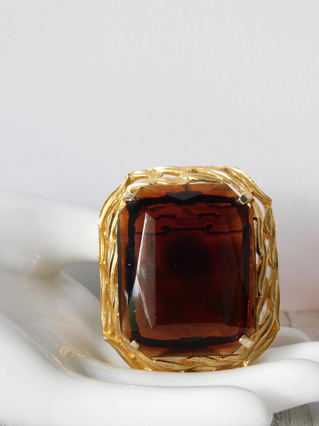 Mid Century Gold Tone Topaz Glass Brooch Pin - Etsy