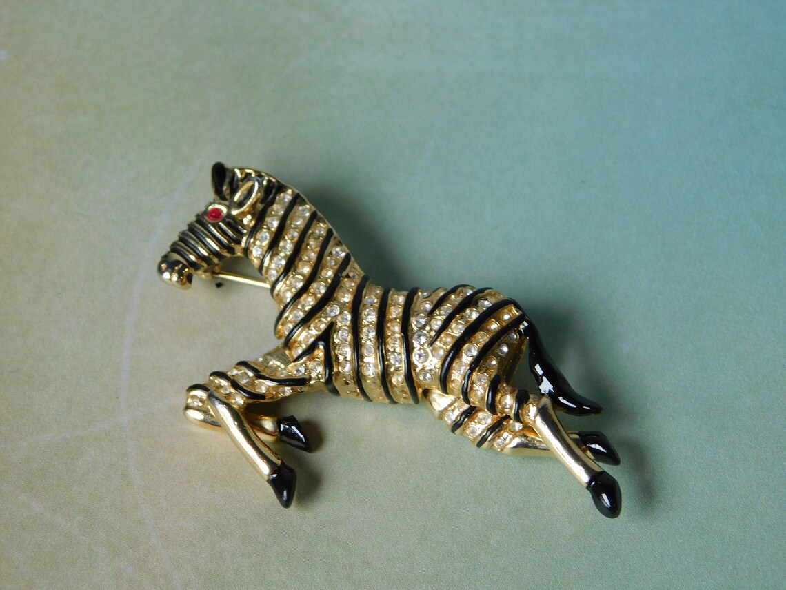 Gold Tone and Black Enamel With Rhinestones Figural ZEBRA | Etsy