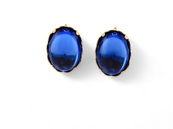Vintage EMMONS Gold tone Blue Glass Cabochon Earrings. - Gem
