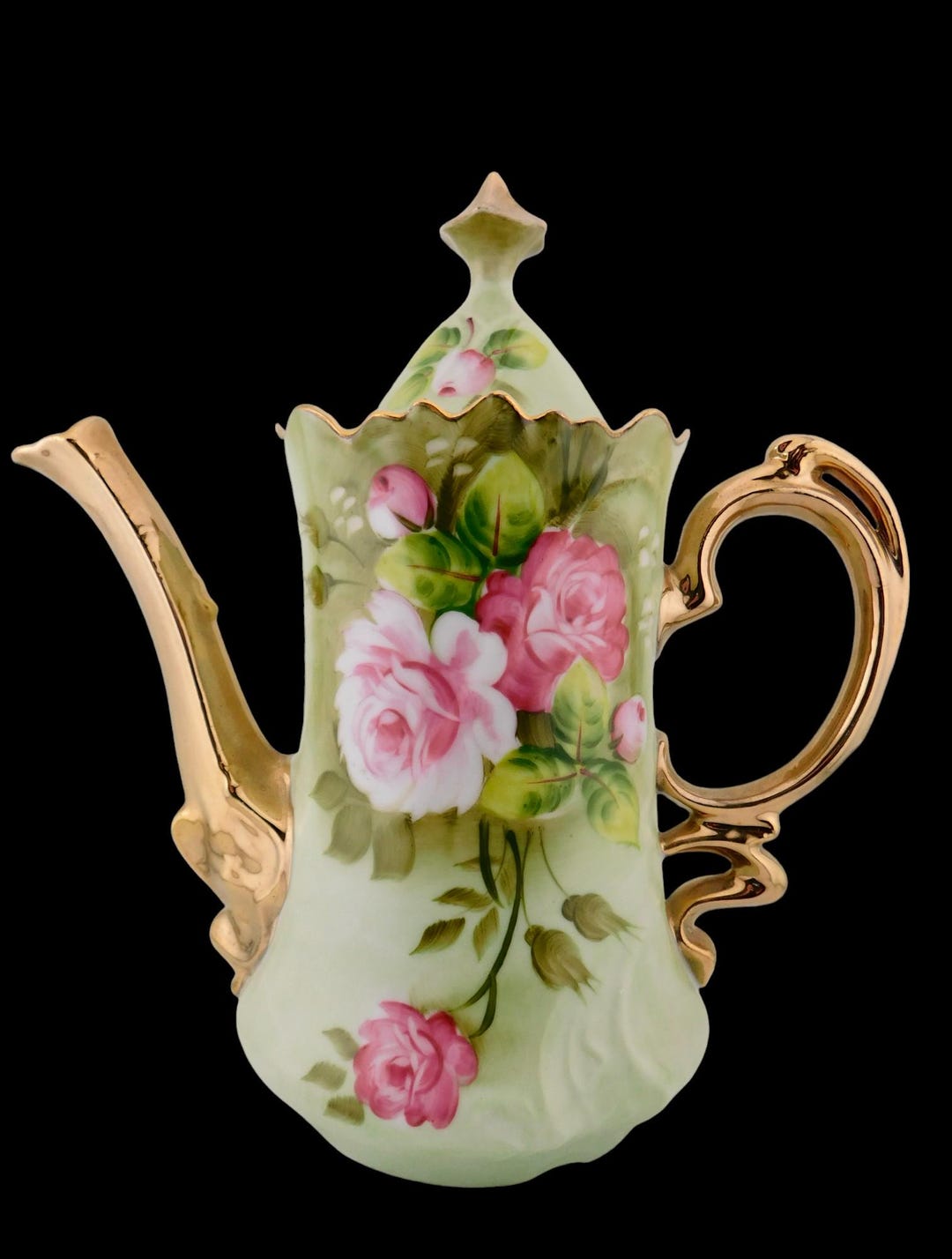 Vintage LEFTON Heritage Green Pink Roses and Gold Teapot. - Etsy
