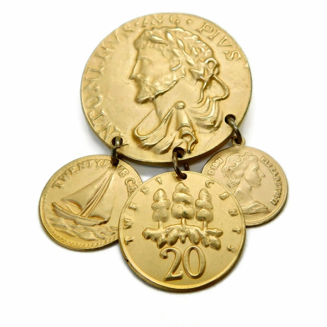 Vintage Brushed Gold Tone Coin Brooch With 3 Coins Dangles. - Etsy