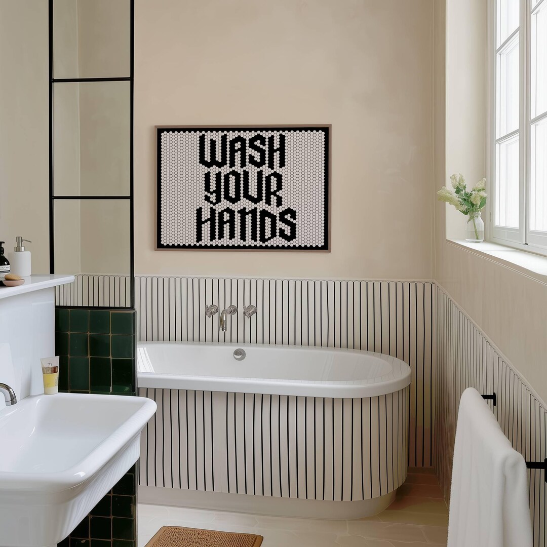 Wash Your Hands Wall Art Bistro Tile Bathroom Art Hexagon Tile Digital ...