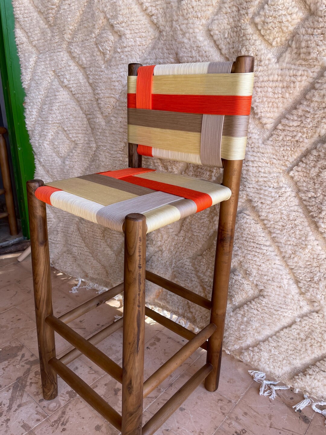 Moroccan Bar Stool in Walnut Wood With Fabric Seat, Warm Colored Tall ...