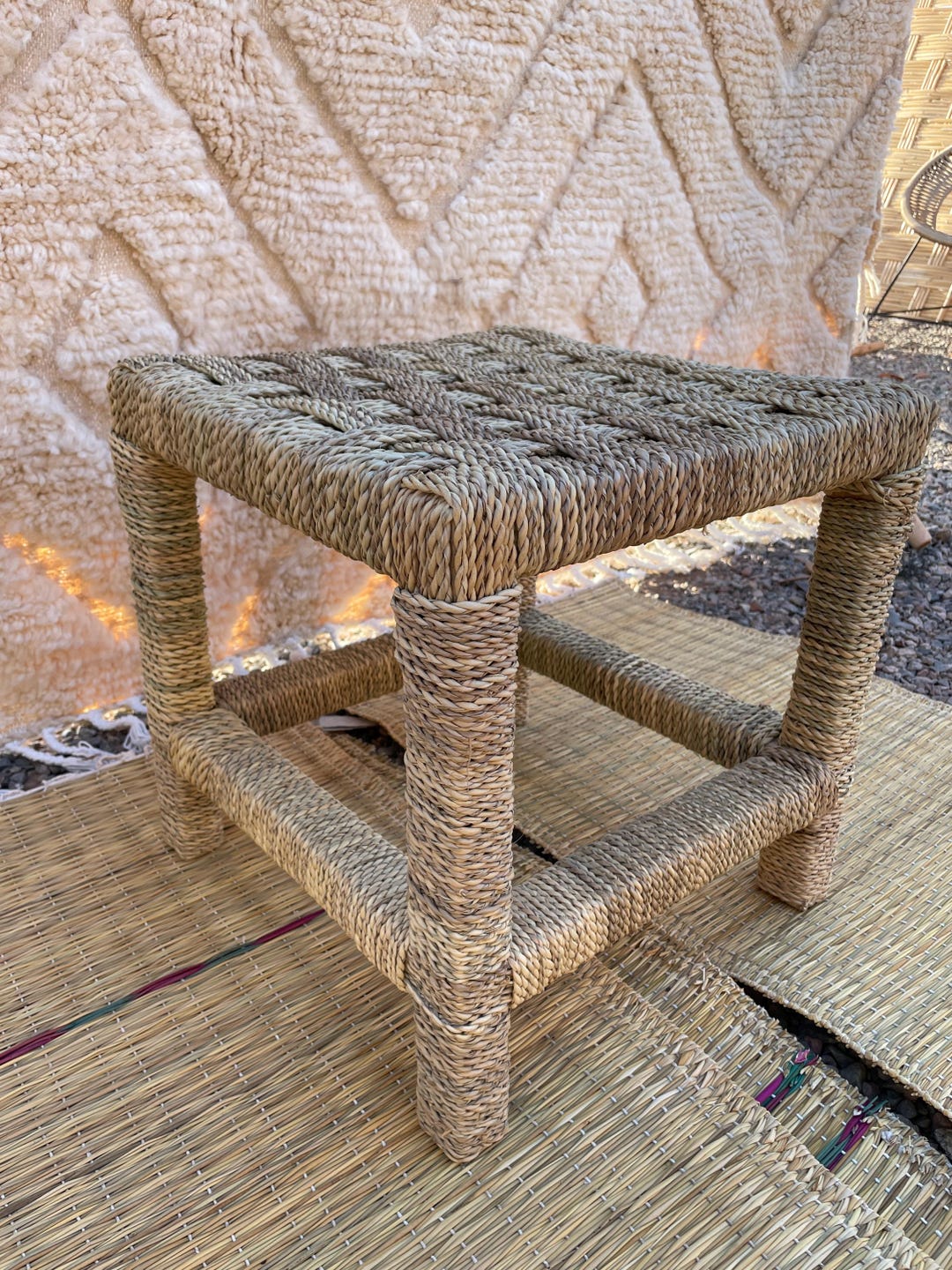 Handwoven Backless Stool Made of Wood and Sea Grass, Handwoven Plain ...