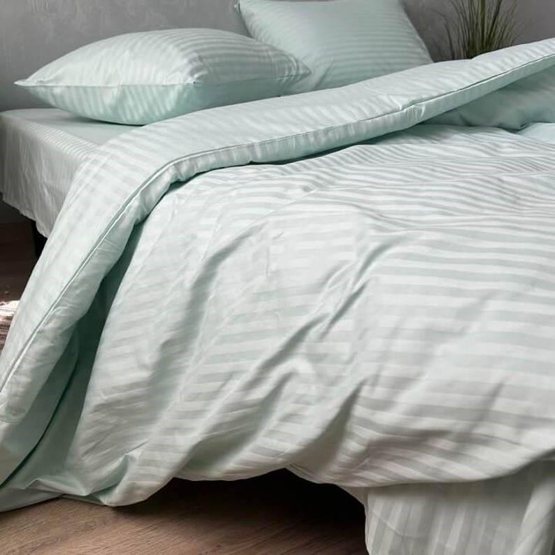 Bedding Sets Full Mint Stripe Satin (4pcs): Duvet Cover, Sheet ...