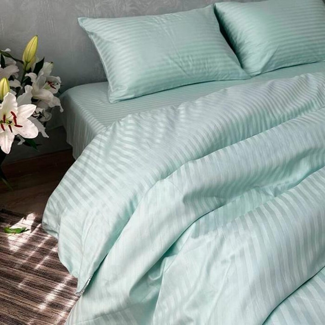 Bedding Sets Full Mint Stripe Satin (4pcs): Duvet Cover, Sheet ...