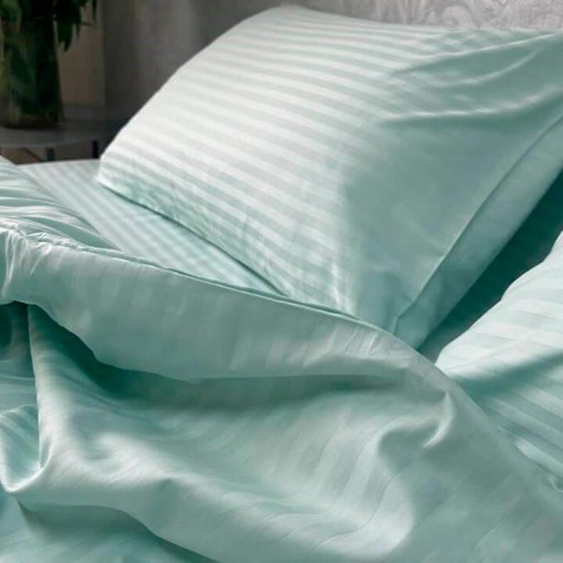 Bedding Sets Full Mint Stripe Satin (4pcs): Duvet Cover, Sheet ...