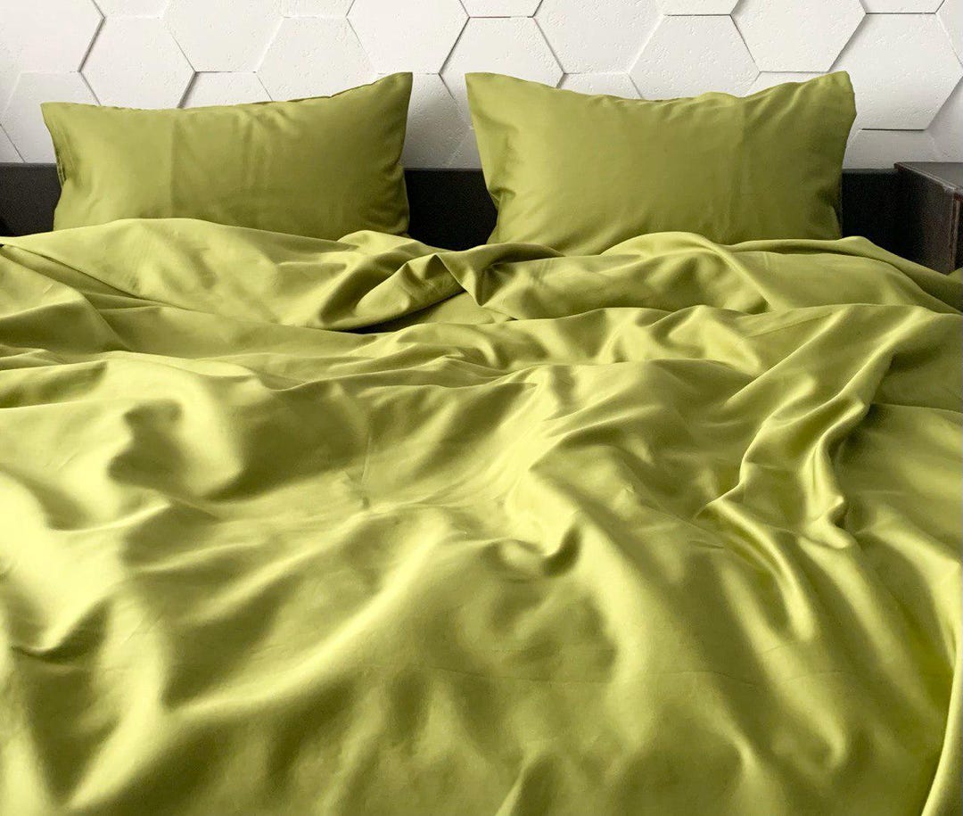 Full Sets of Bed Linen. Olive Satin 100% Cotton Bedding Sets: 1duvet ...