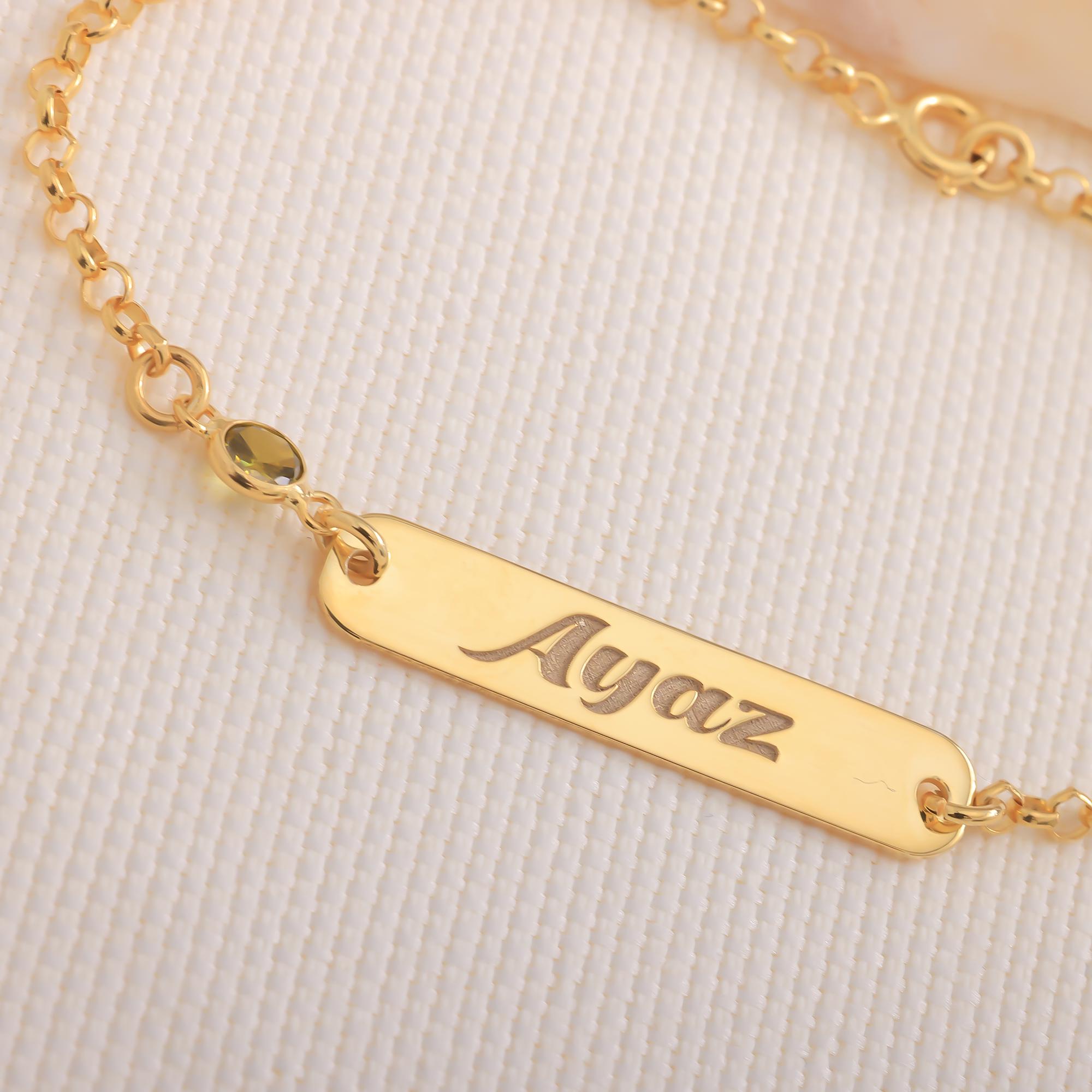 Gold Baby Name Plate Bracelet, Birthstone and Name Bracelet for Kids ...