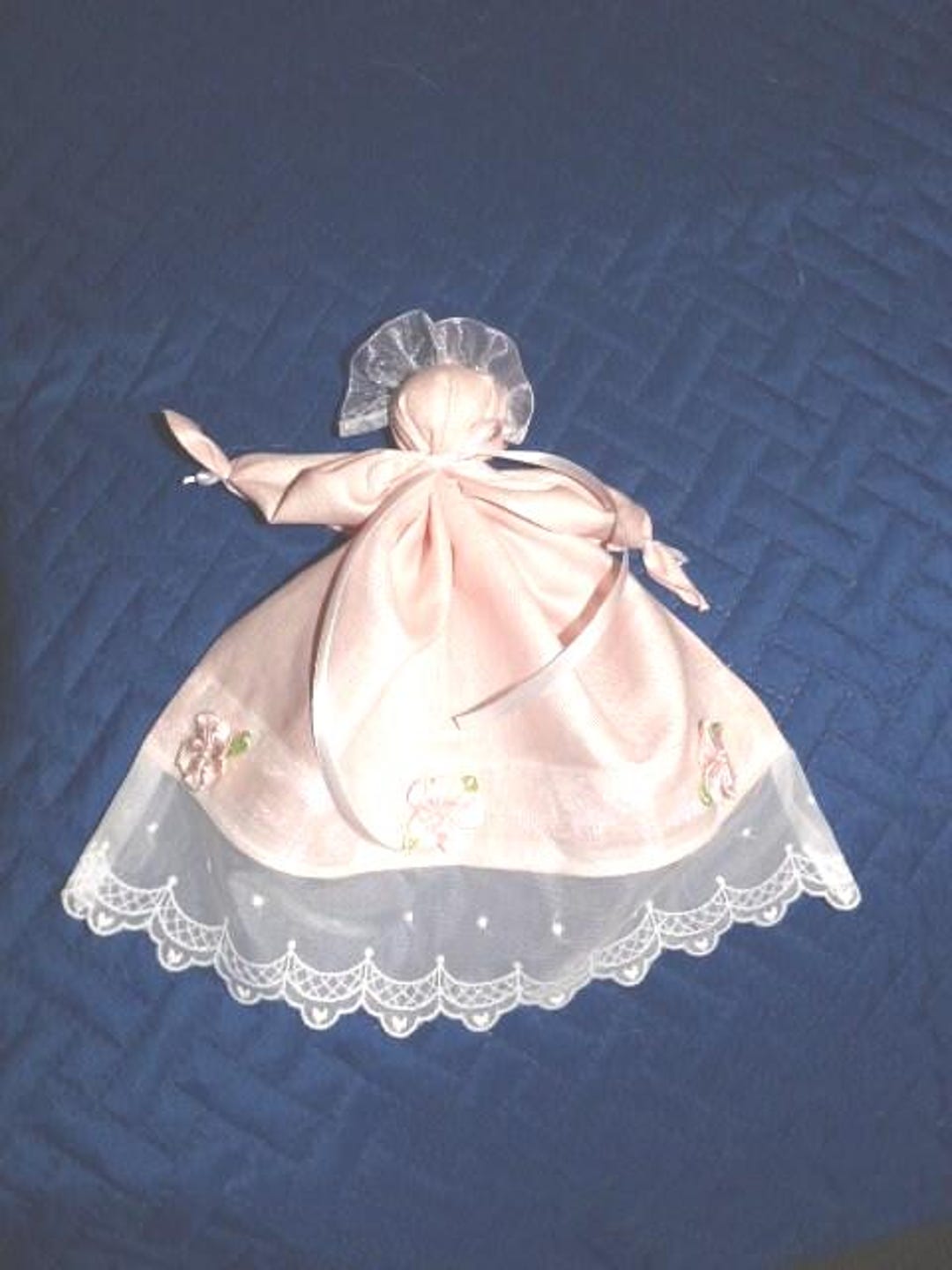 Pink Irish Linen Hanky Baby Doll Has Sheer Lace, Ribbon Roses & Pearls ...