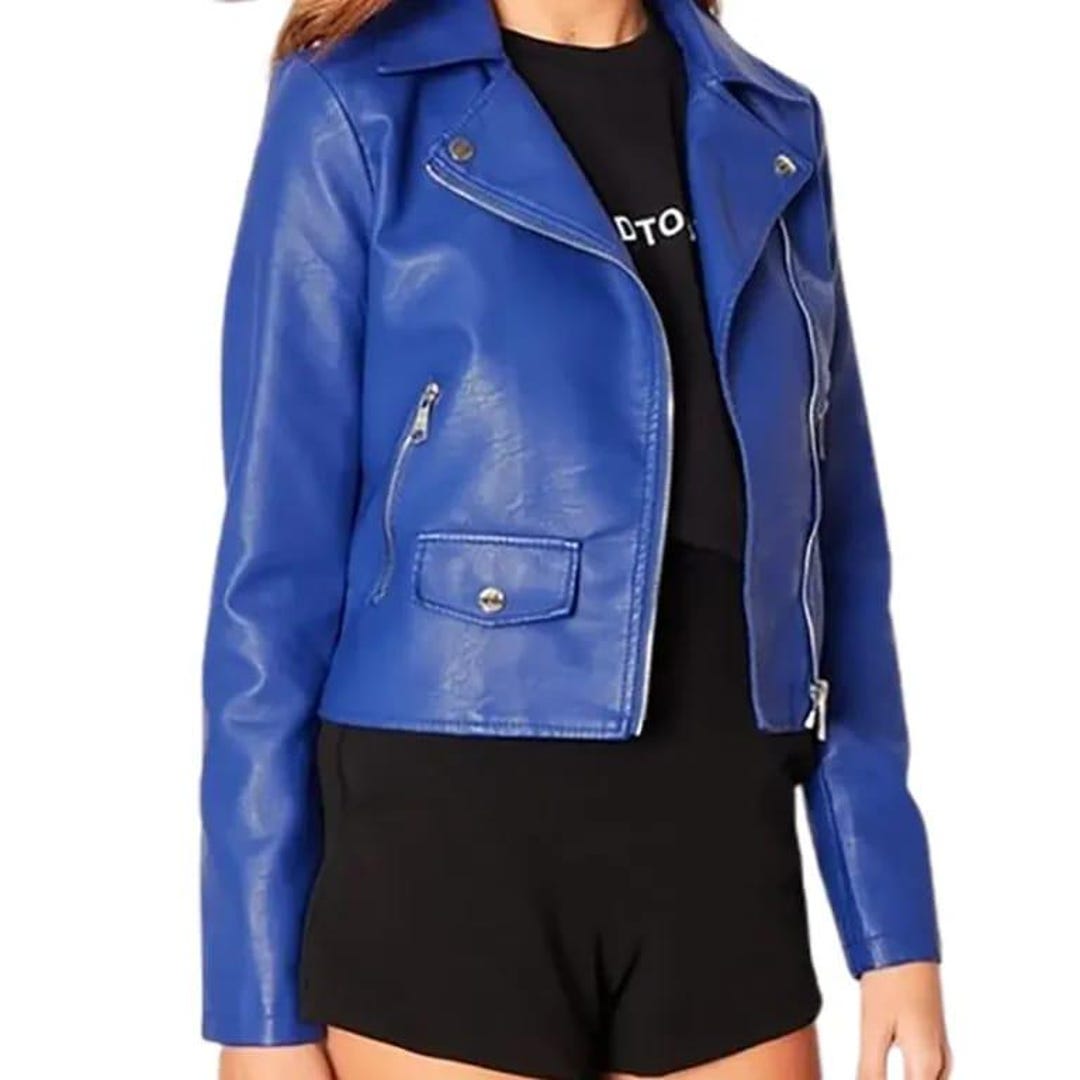 Women BIKER BLUE Leather JACKET, Blue Jacket, Leather Jacket, Stylish ...