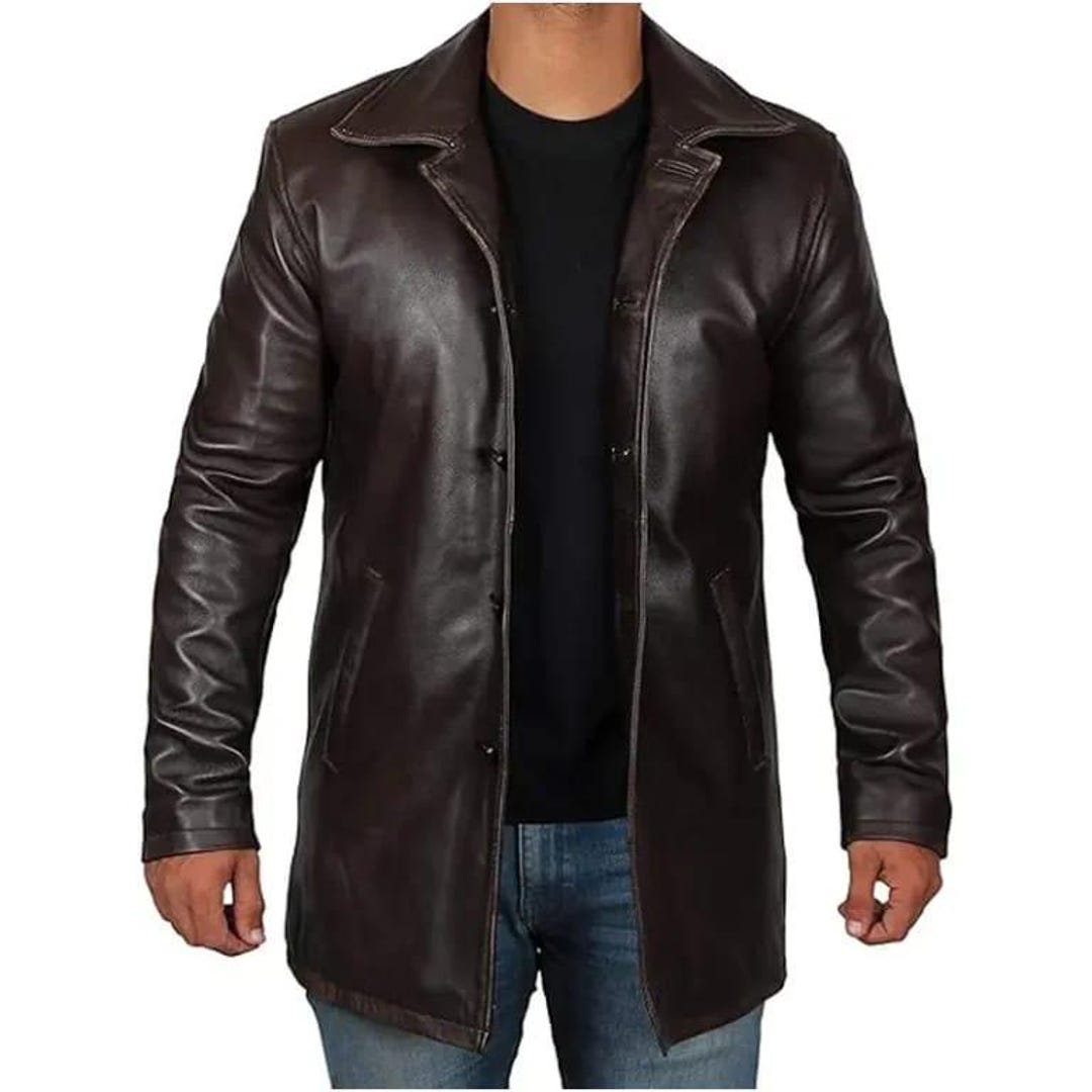 OVERCOAT, VINTAGE STYLE Brown Leather Overcoat, Genuine Slim Fit Biker ...