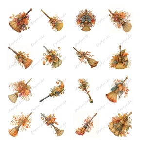 Whimsical Autumn Brooms Clip Art: Fall & Halloween Graphics (PNG, JPG ...