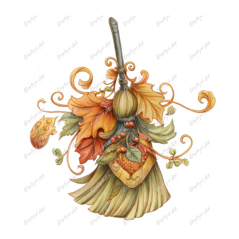 Whimsical Autumn Brooms Clip Art: Fall & Halloween Graphics (PNG, JPG ...