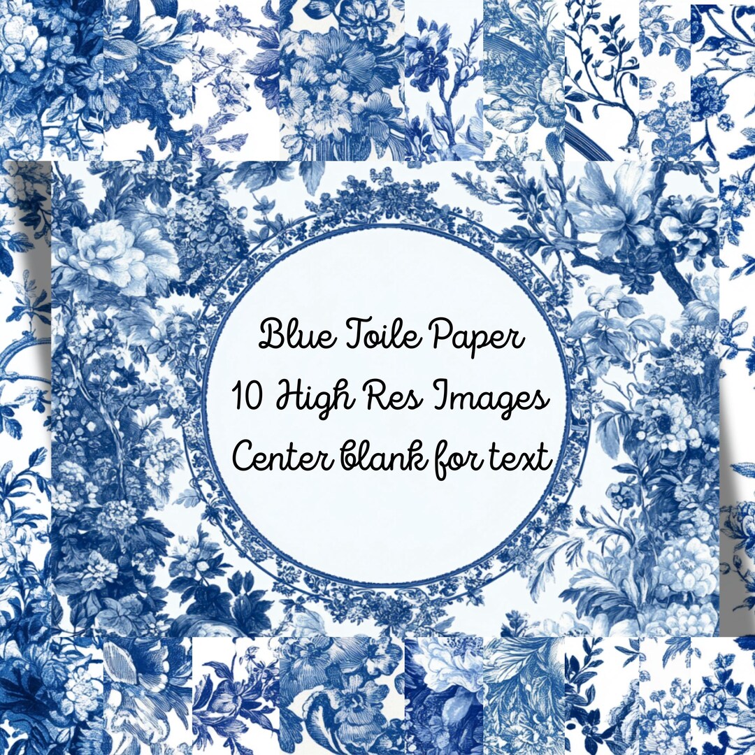 Blue French Toile Digital Paper, Floral Border (10 PNG Images) (digital ...