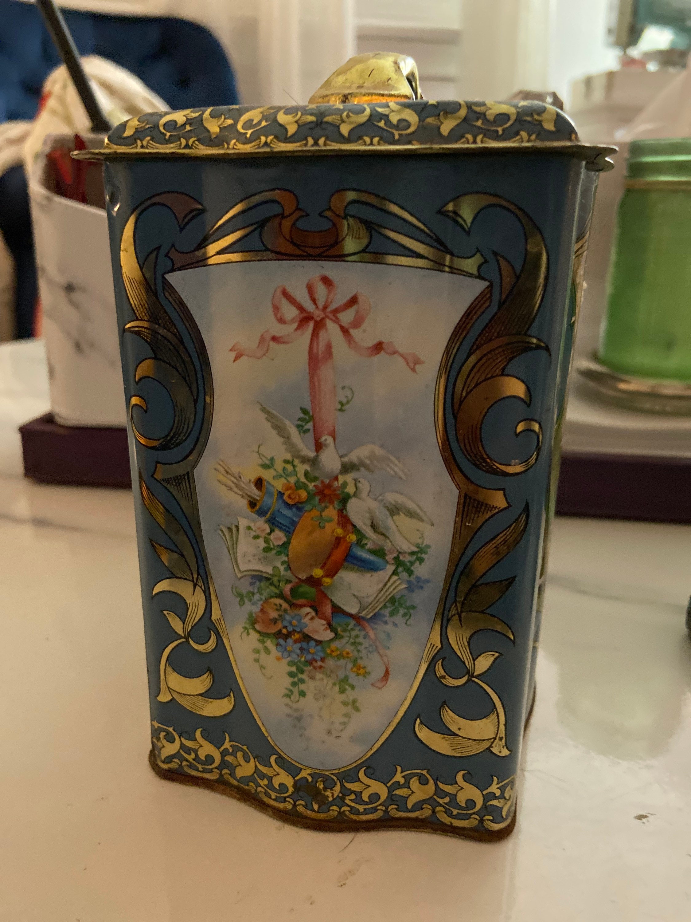 Tins Vintage tall metal blue gold fancy can storage/ decor letting it ...