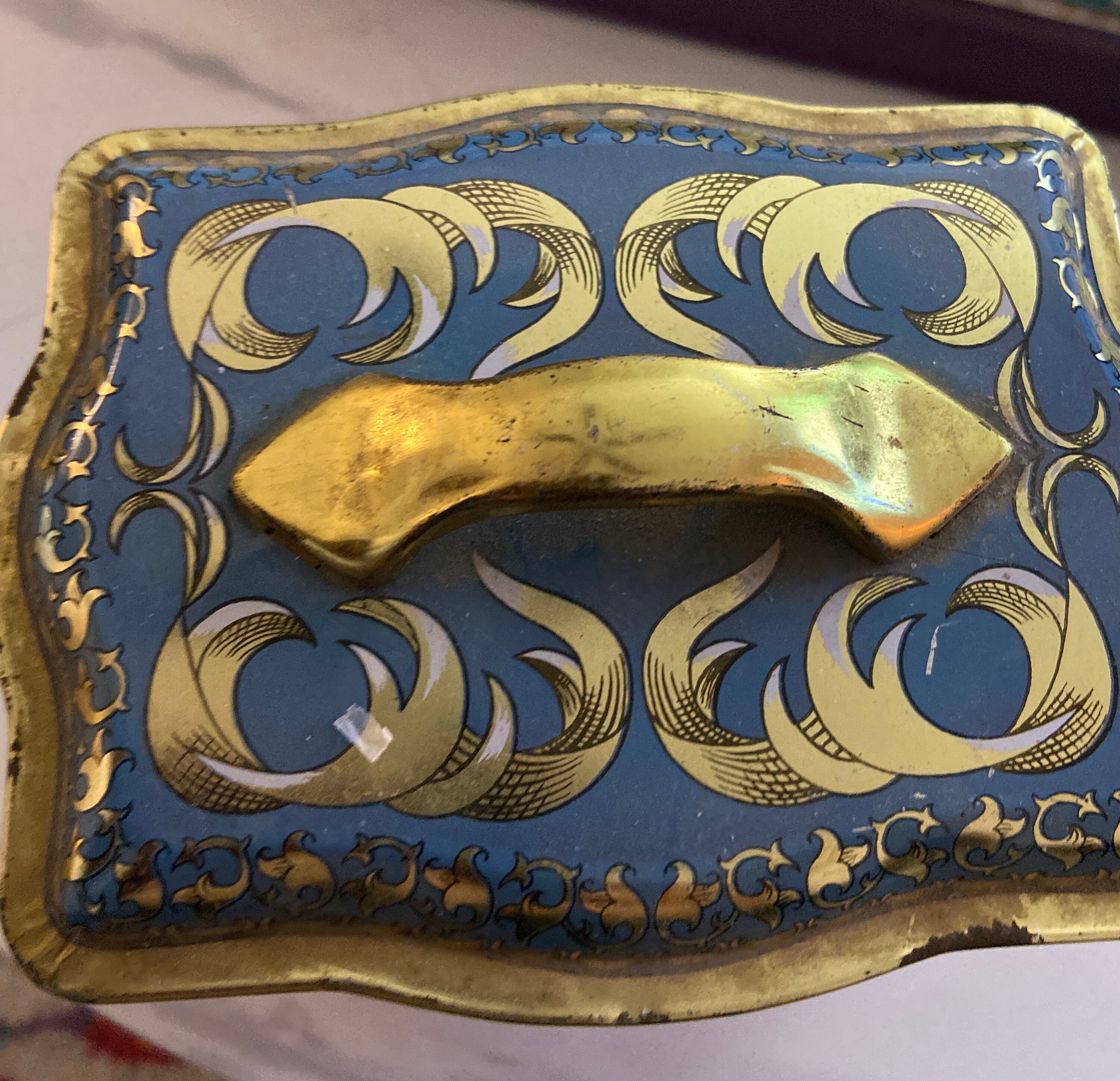 Tins Vintage tall metal blue gold fancy can storage/ decor letting it ...