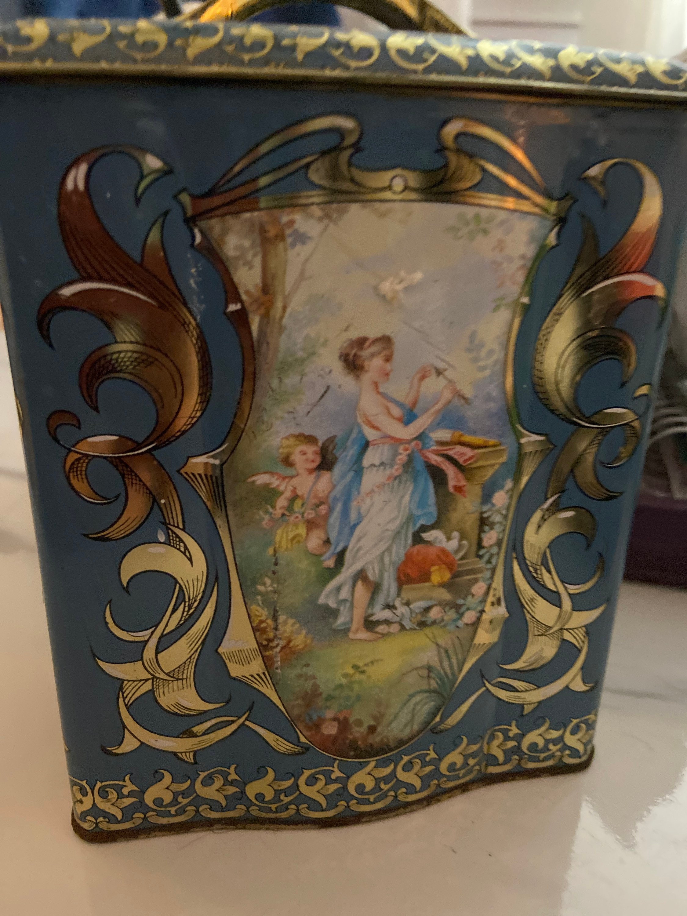 Tins Vintage tall metal blue gold fancy can storage/ decor letting it ...