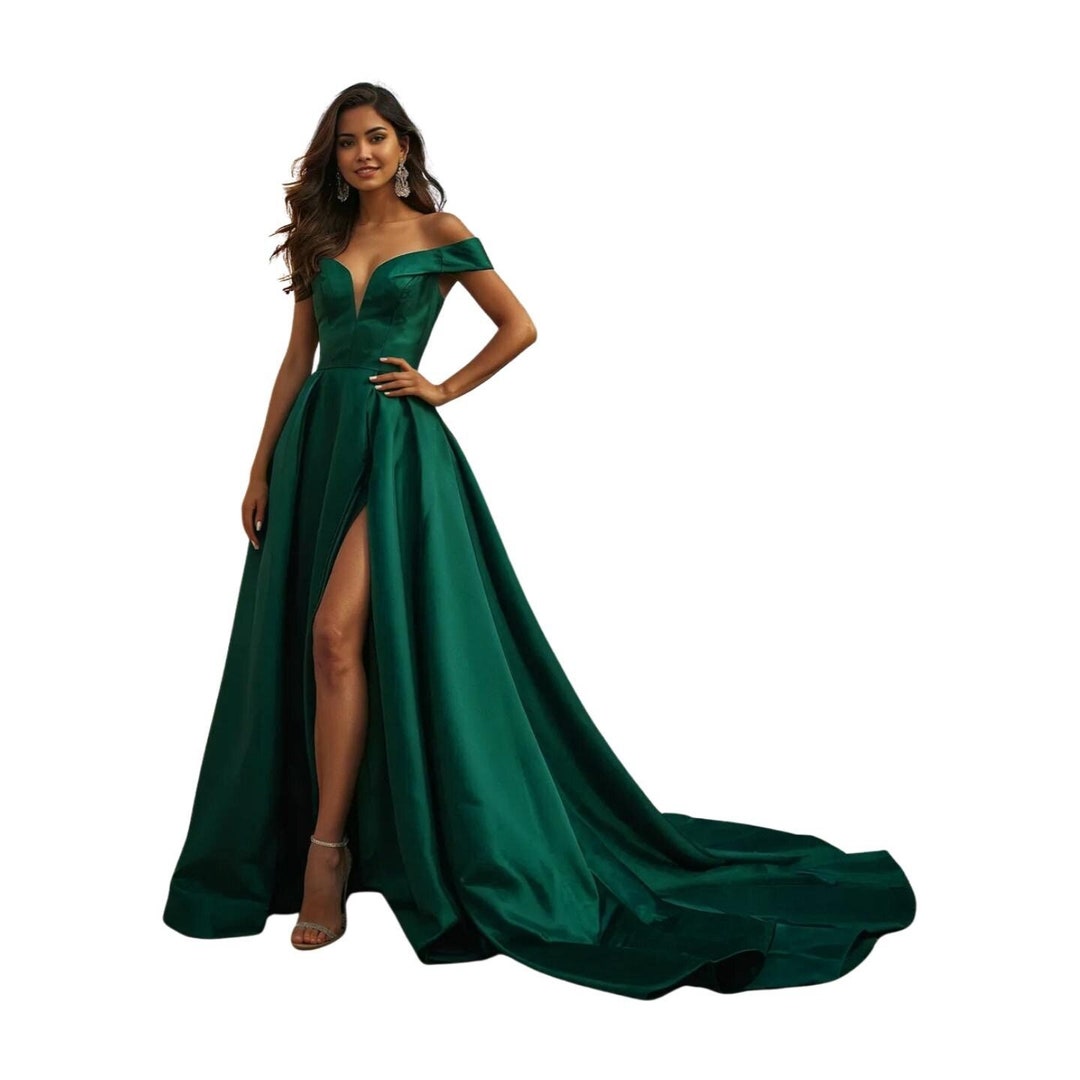 Emerald Green Satin Off-shoulder Evening Gown With Deep V-neckline and High Slit Formal Dress ...