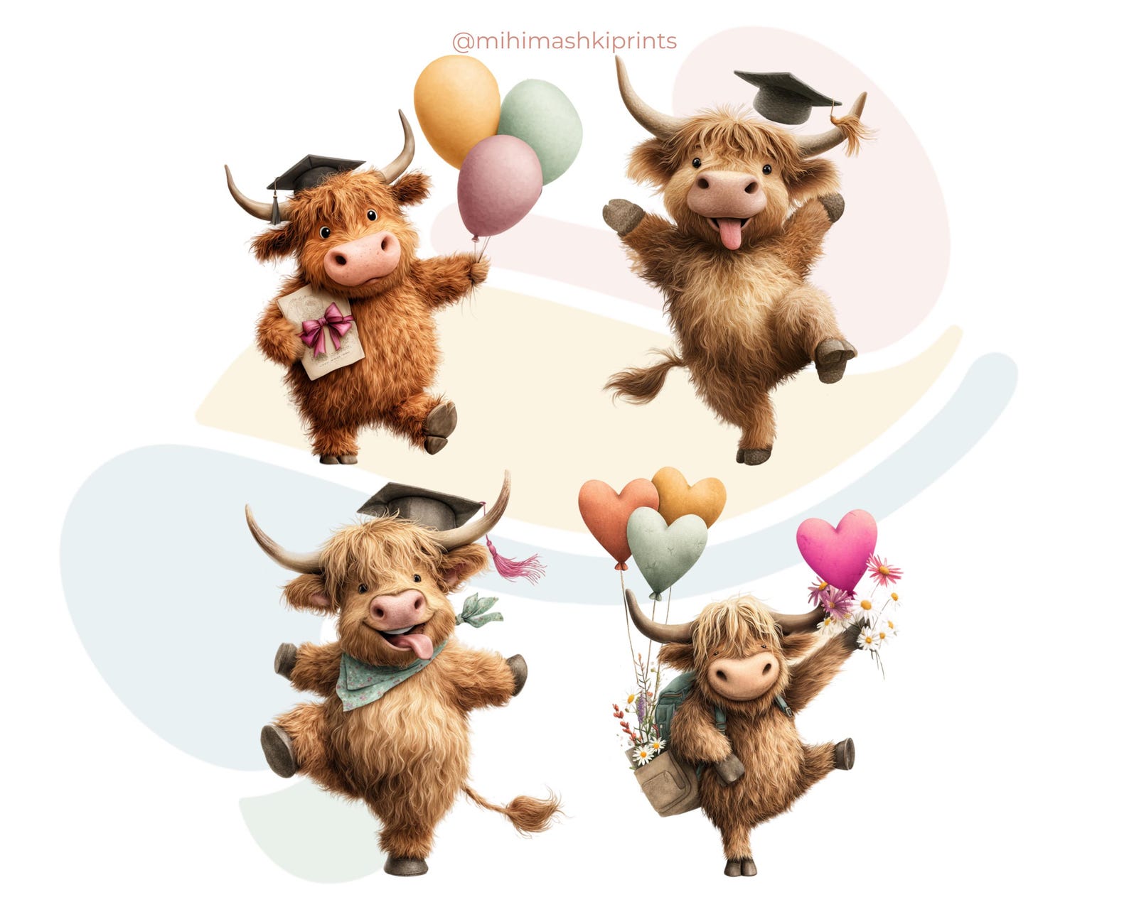 Cute Highland Cow Graduation – 19 PNG Cliparts | Pastel Balloons ...