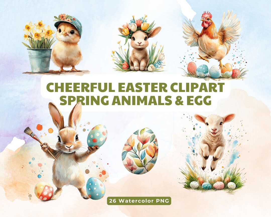 Watercolor Easter Clipart: Spring Animals & Floral Pngs (digital ...