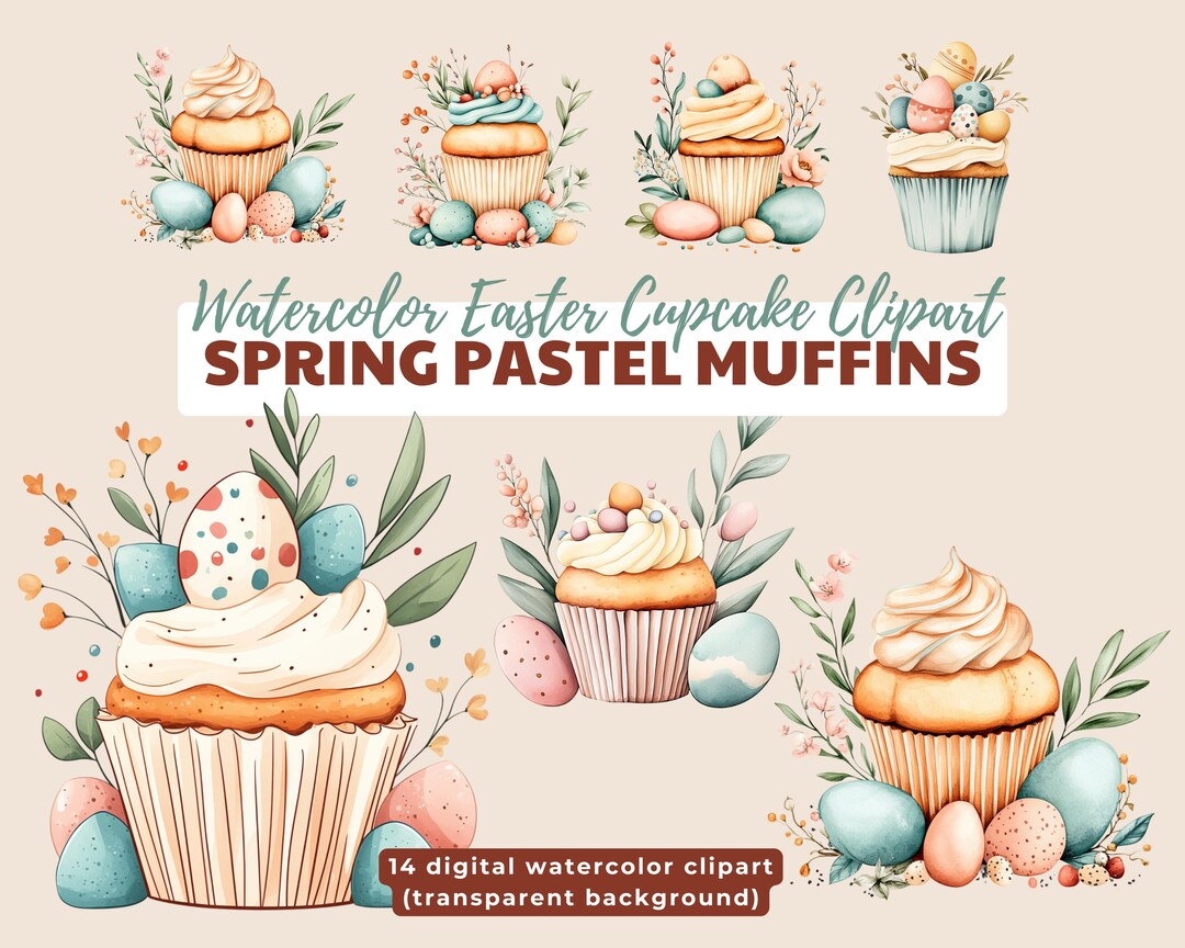 Watercolor Easter Cupcake Clipart – 14 Pngs – Spring Pastel Muffins ...
