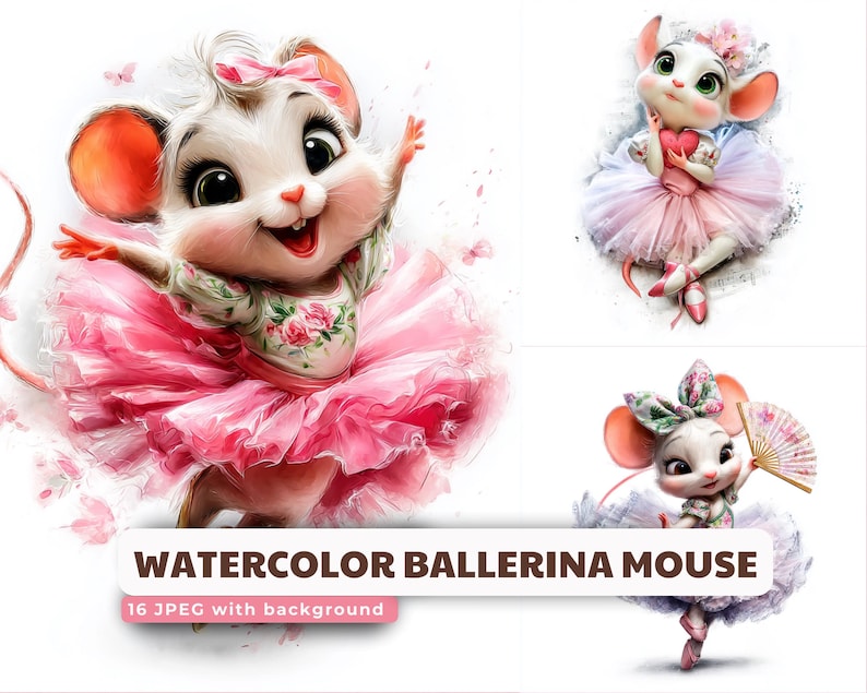 Watercolor Ballerina Mice – 16 Cute Mouse Illustrations in Tutus | Pink ...
