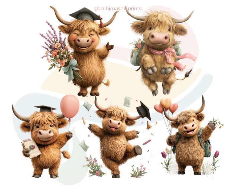 Cute Highland Cow Graduation – 19 PNG Cliparts | Pastel Balloons ...