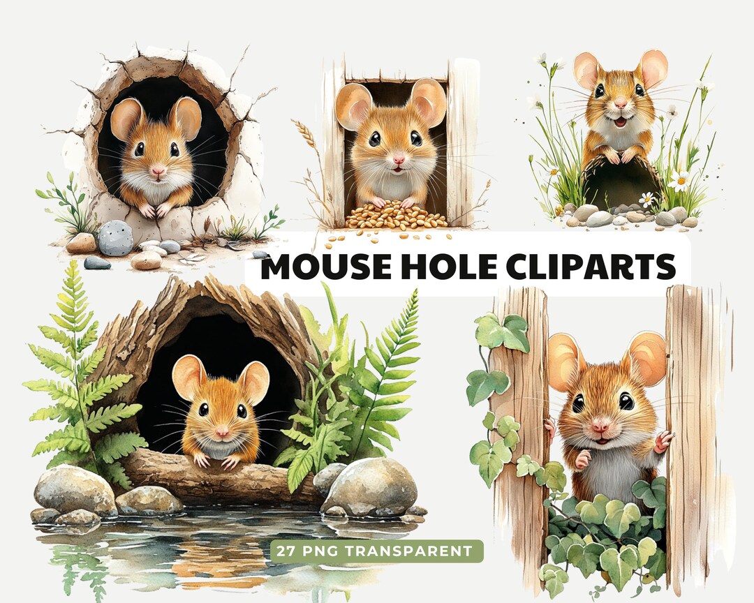 Mouse Hole Clipart Set, Cozy Watercolor Mice, Sublimation PNG, Nature ...