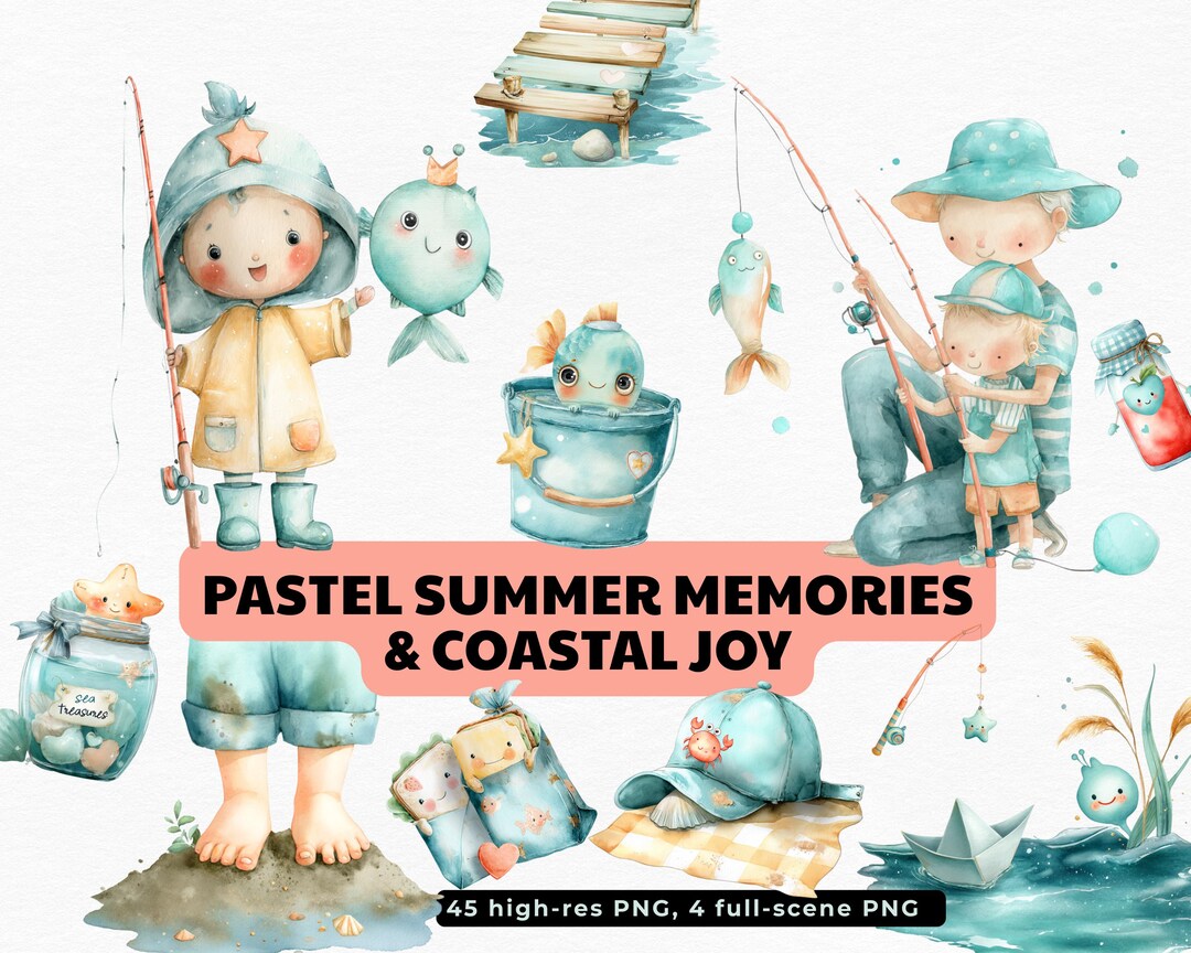 Watercolor Fisherman Clipart: Pastel Baby Boy Beach Pngs (digital ...