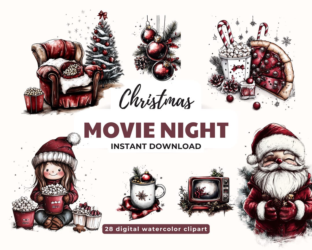 Christmas Movie Night Clipart Watercolor Cozy Winter Graphics ...
