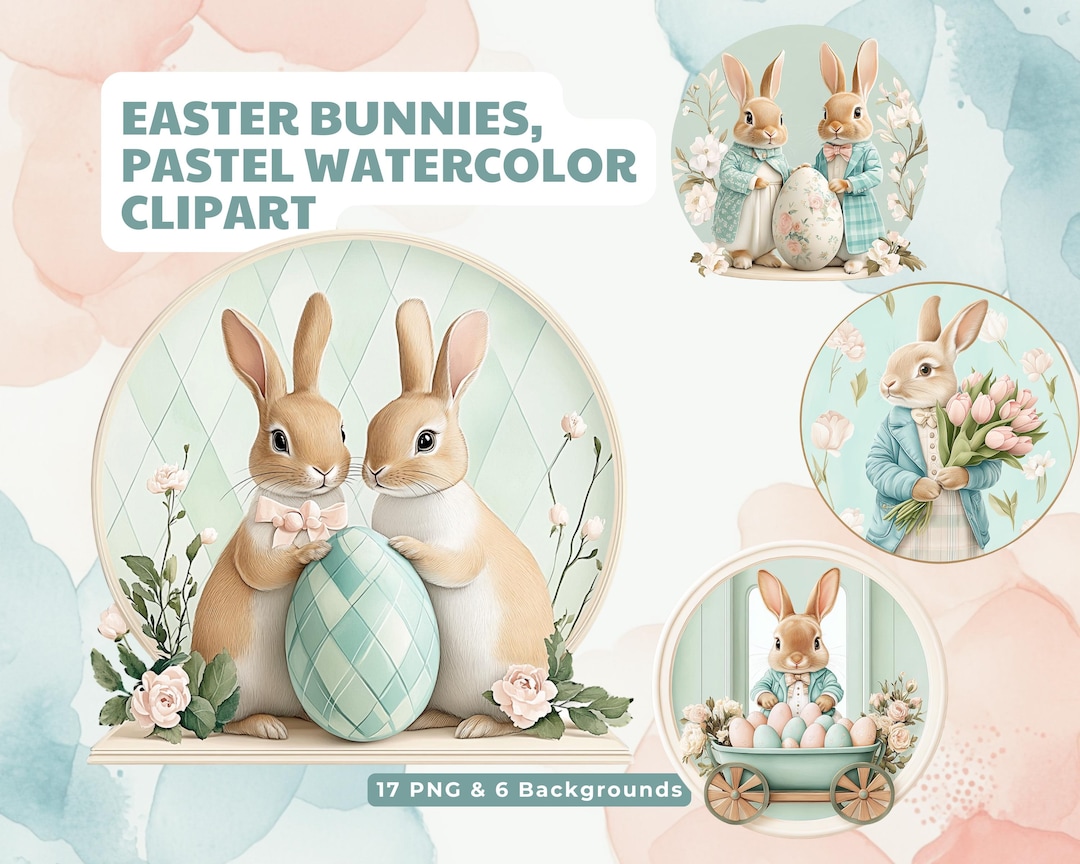 Pastel Easter Bunnies Watercolor Clipart: Floral Spring Rabbit (digital ...