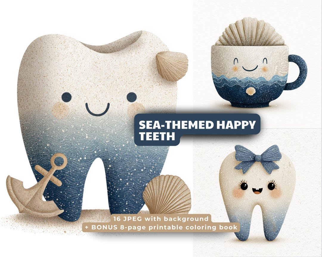 Sea-themed Happy Teeth – 16 JPEG | Smiling Tooth Friends With Beachy ...