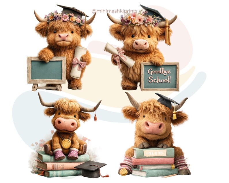 Cute Highland Cow Graduation – 19 PNG Cliparts | Pastel Balloons ...
