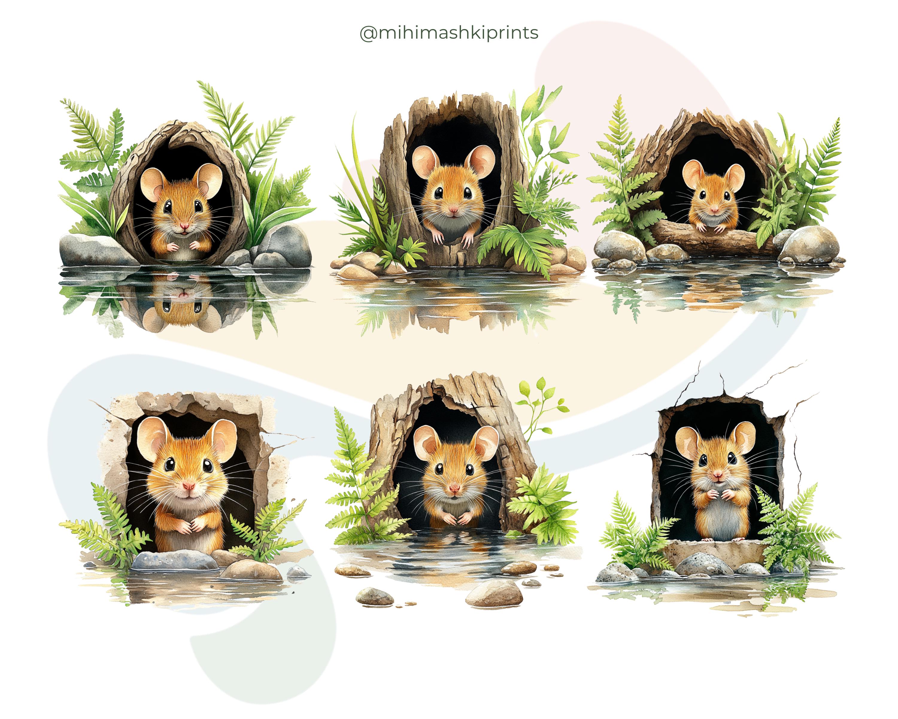Mouse Hole Clipart Set, Cozy Watercolor Mice, Sublimation PNG, Nature ...