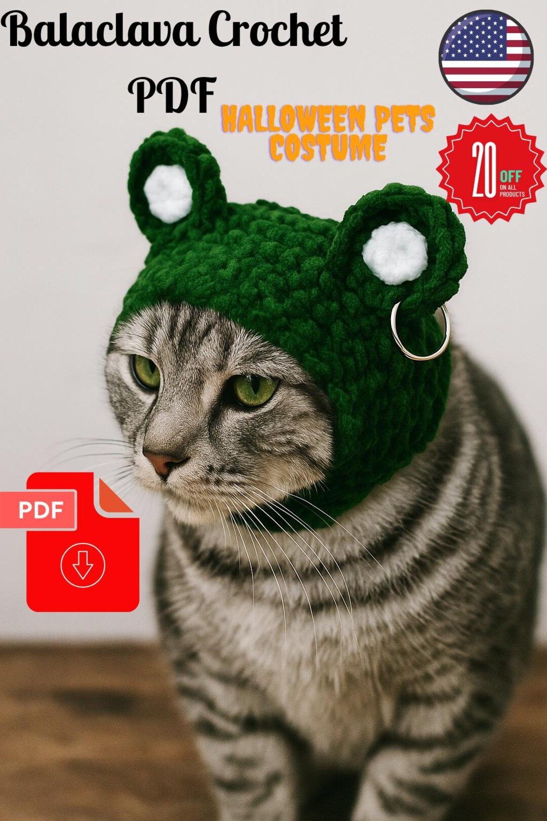 Crochet Hat Pattern – Dog and Cat Christmas Pets Balaclava Animal ...