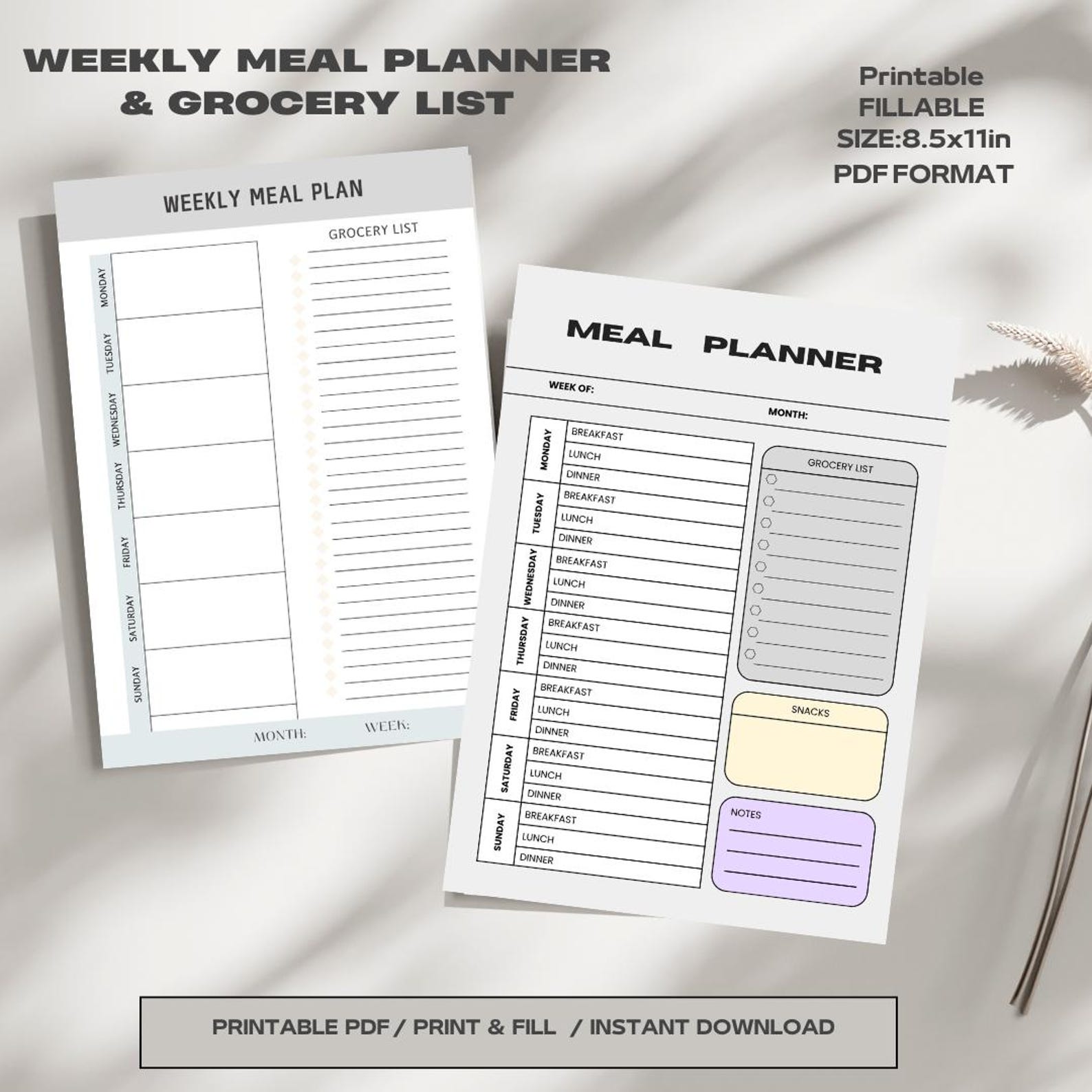 Weekly Meal Planner Printable and Grocery List | Digital Template | - Etsy