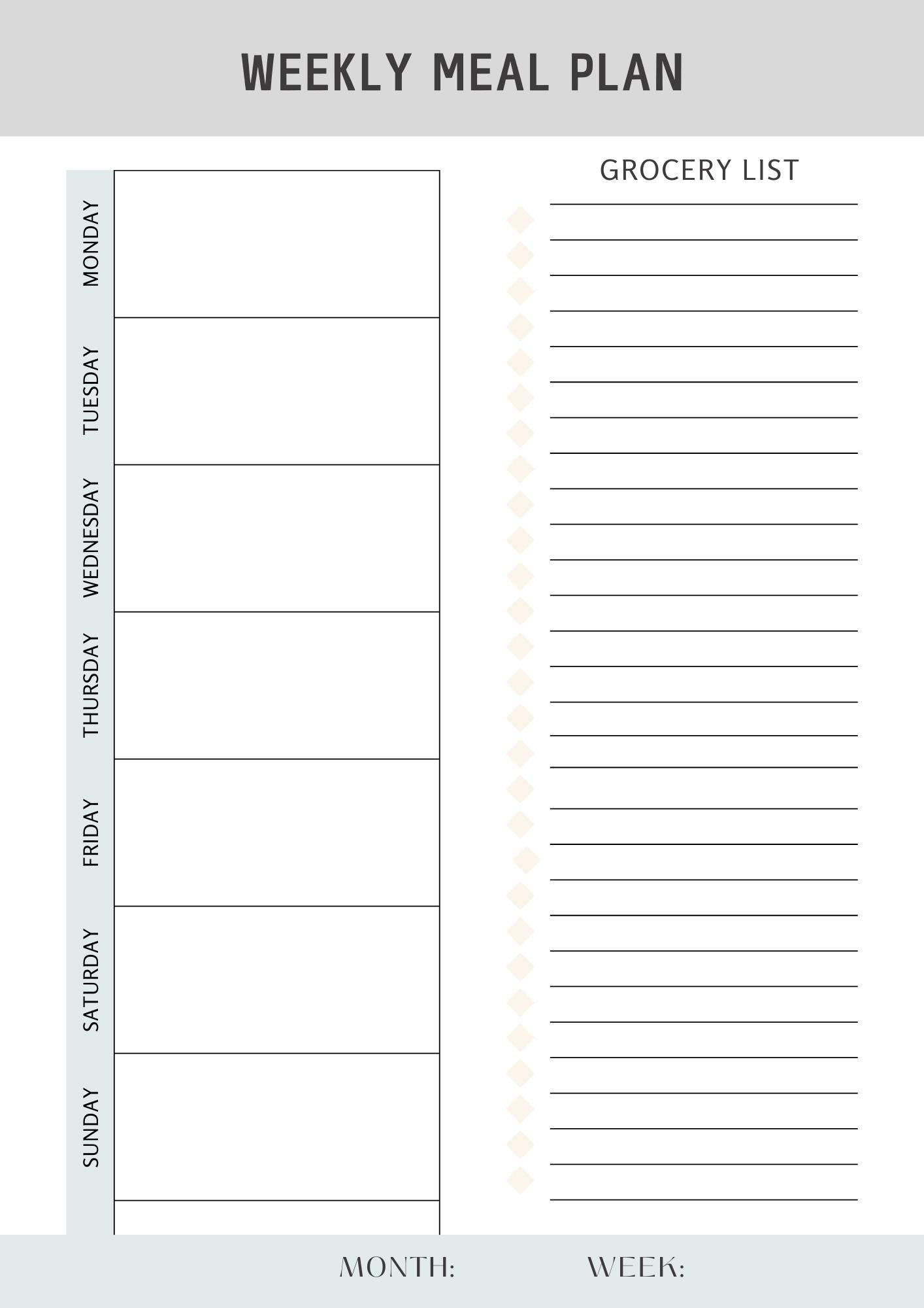 Weekly Meal Planner Printable and Grocery List | Digital Template | - Etsy