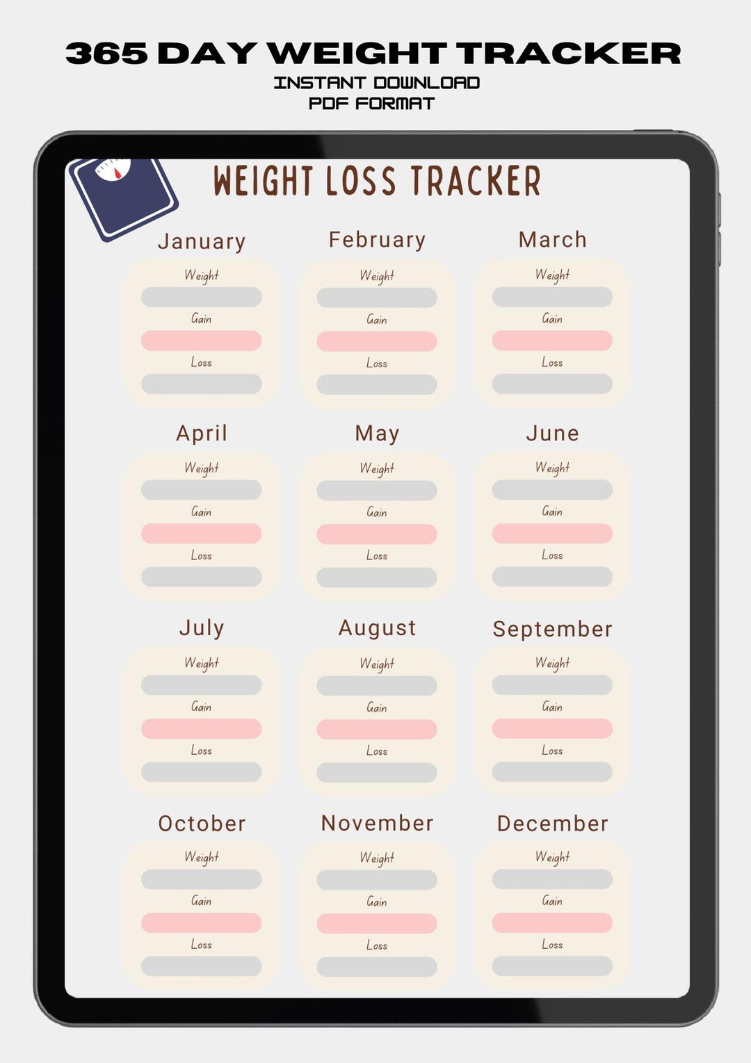 Yearly Weight Tracker Printable Monthly Weight Loss Tracker, Healthy ...