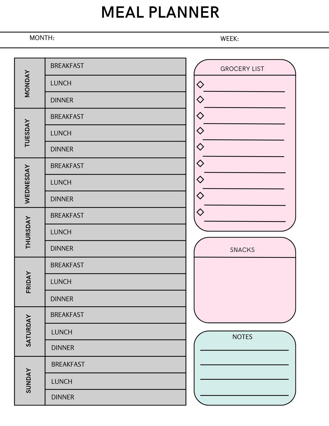 Weekly Meal Planner Printable and Grocery List | Digital Template | - Etsy
