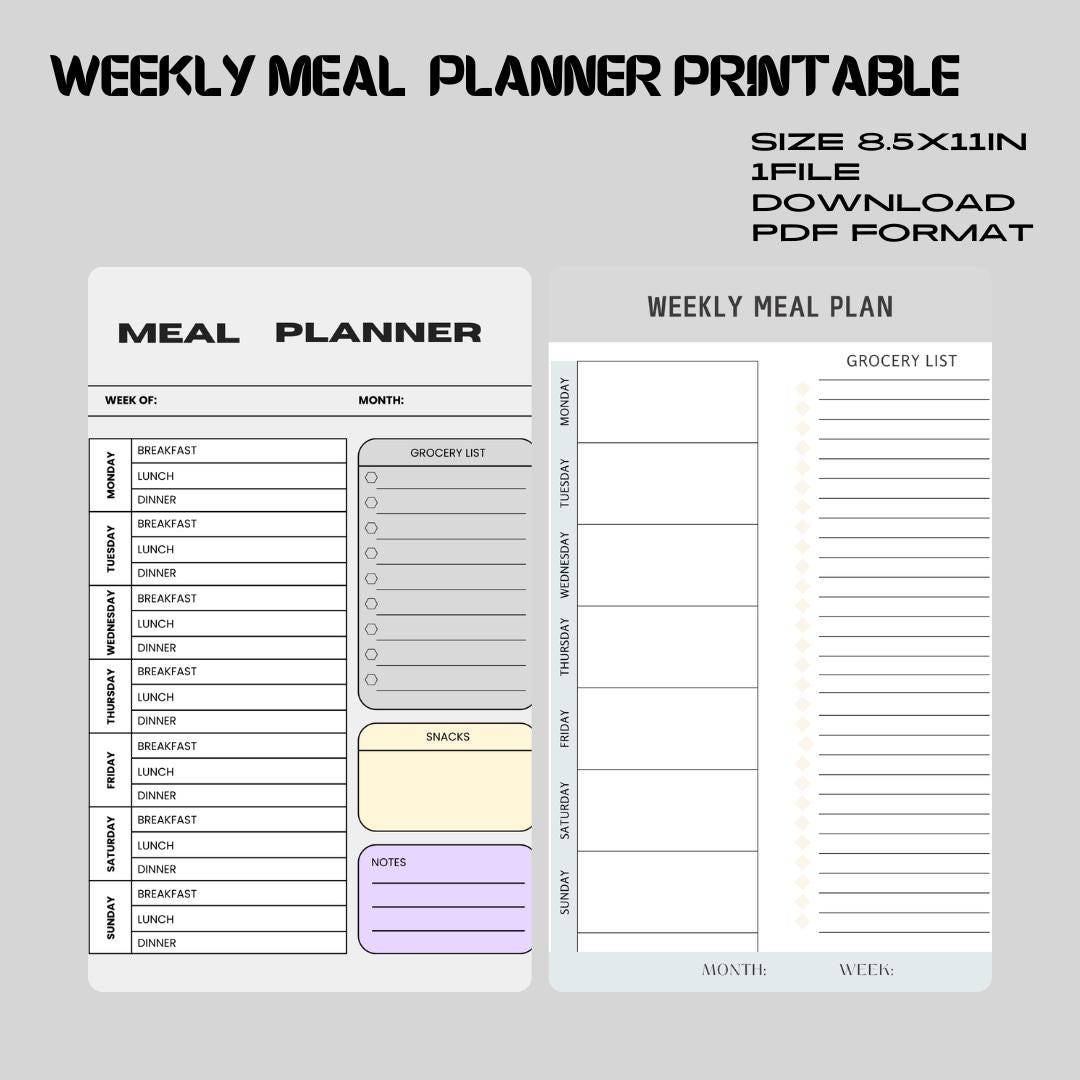 Weekly Meal Planner Printable and Grocery List | Digital Template | - Etsy