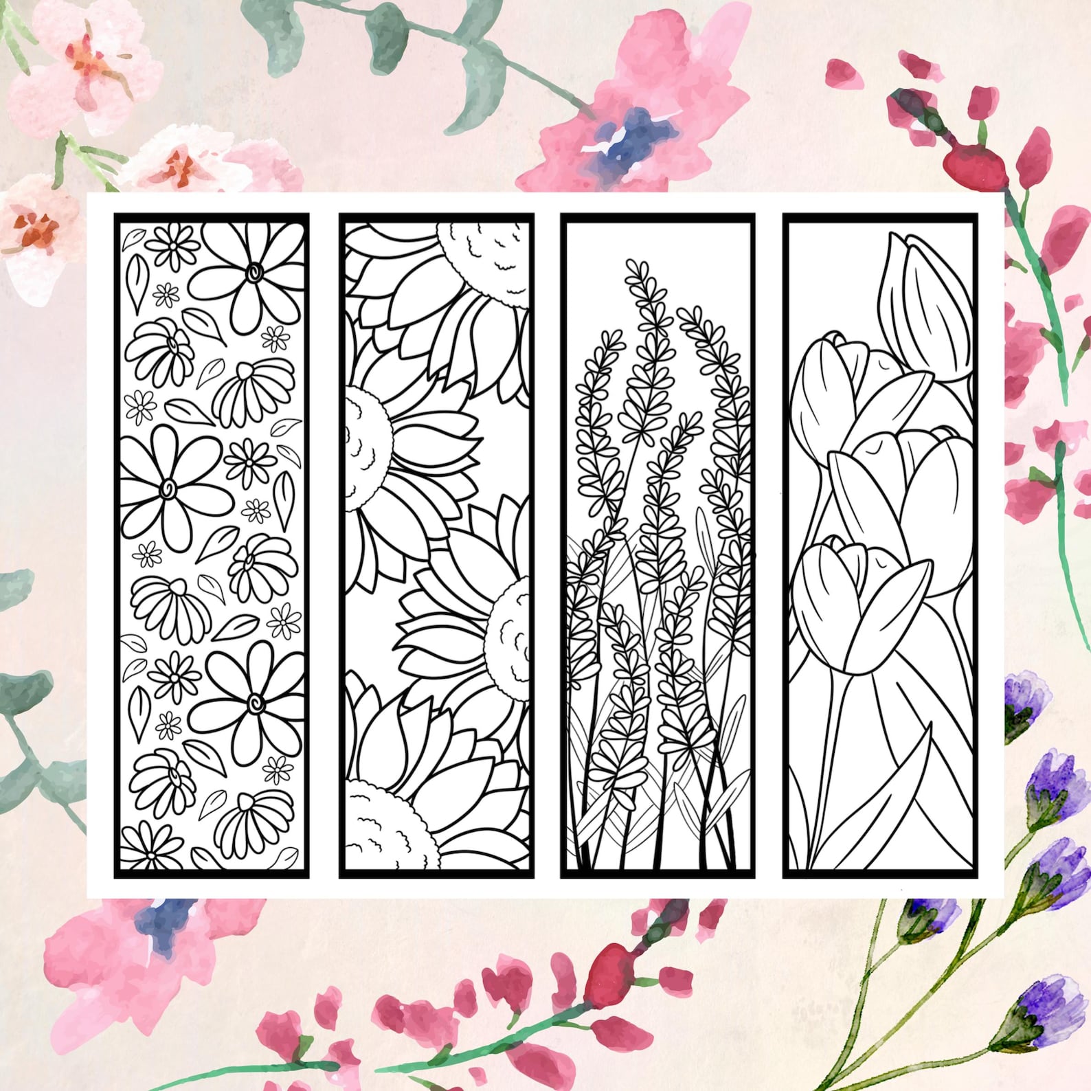 Floral Coloring Bookmarks - Etsy