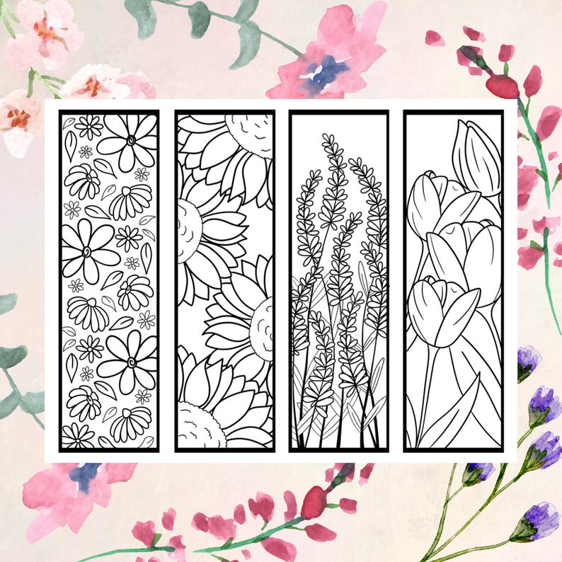 Floral Coloring Bookmarks - Etsy
