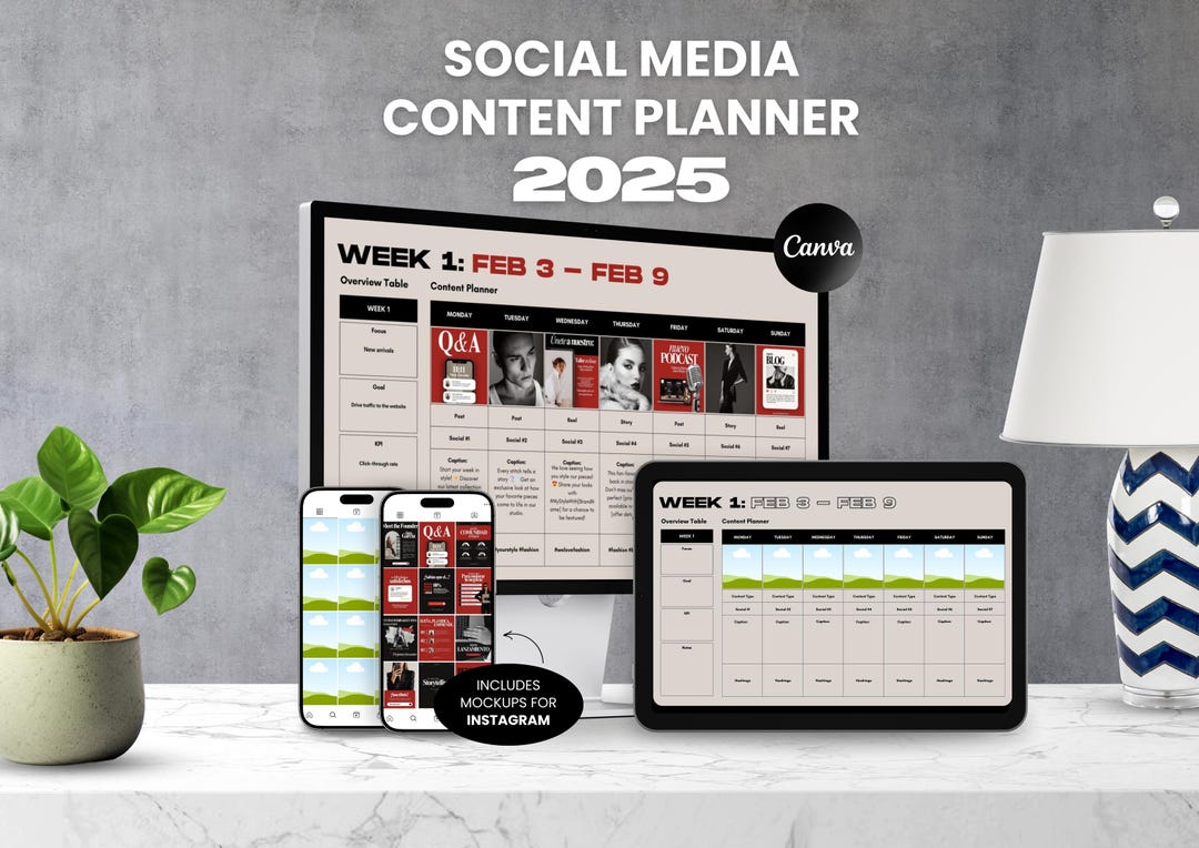 Content Planner 2025 for Social Media + Instagram Mockups | Editable Canva Template | Editable ...