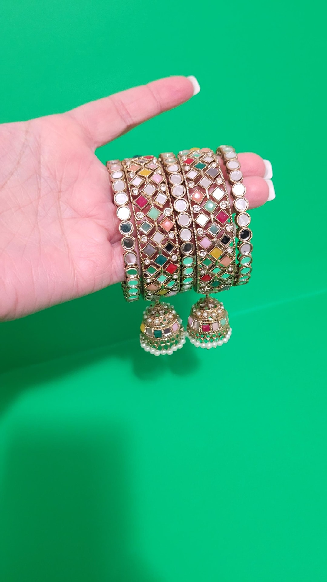 Churian Kade Mirror Work Bangles Set Multicolored Kadas, Jhumki Bangles ...