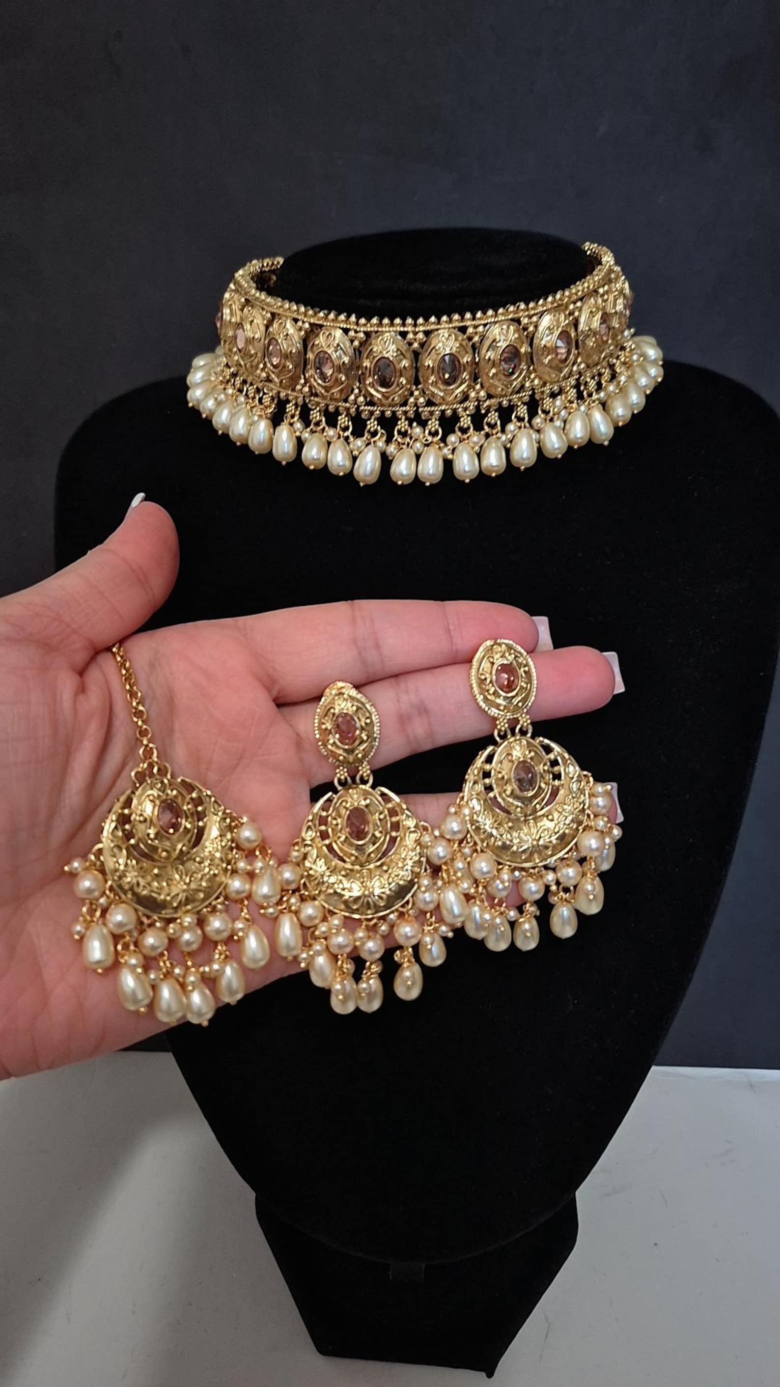 Punjabi Gold Plated Pearl Choker Set: Jaggo Sangeet Wedding Jewelry ...