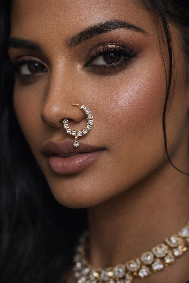 18k Gold Plated Big Indian Nose Ring: Cubic Zirconia Bridal Nath - Etsy